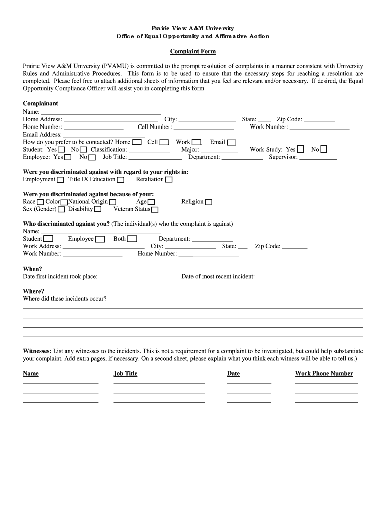 Fillable Online pvamu Complaint bFormb - Prairie View AampM University Fax Email Print - pdfFiller