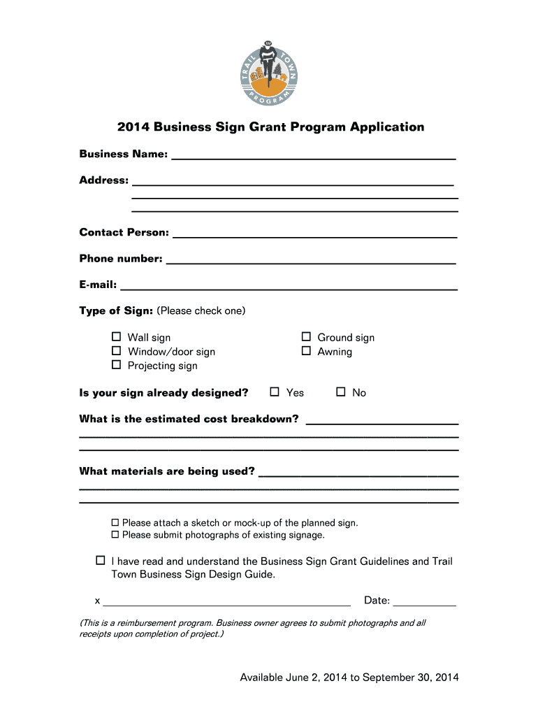 Fillable Online 2014 Business Sign Grant Program Application Fax Email ...