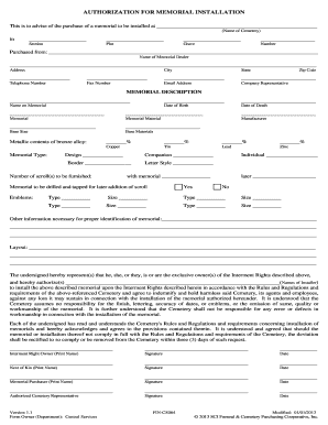 Fillable Online Authorization For Memorial Installation (pdf) - Fram ...