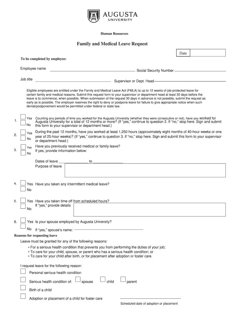 Fillable Online Family and Medical bLeave Requestb - Augusta University Fax Email Print - pdfFiller