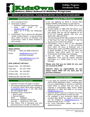 Fillable Online kidzown co Holiday Program Enrolment Form IMPORTANT ...