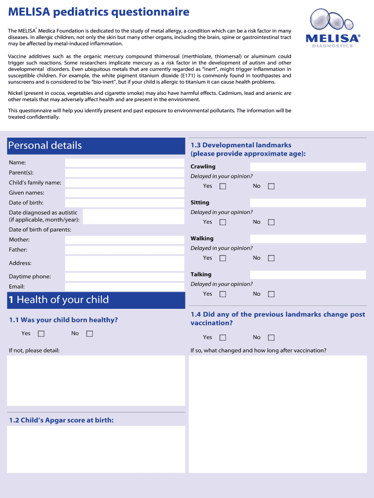 Fillable Online MELISA pediatrics questionnaire - MELISA Medica ...