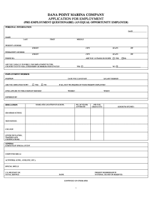 Fillable Online DANA POINT MARINA COMPANY APPLICATION FOR EMPLOYMENT ...