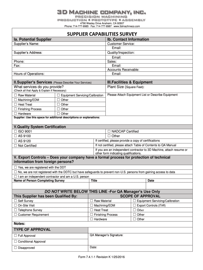 Fillable Online SUPPLIER CAPABILITIES SURVEY - b3dmachinecobbcomb Fax ...