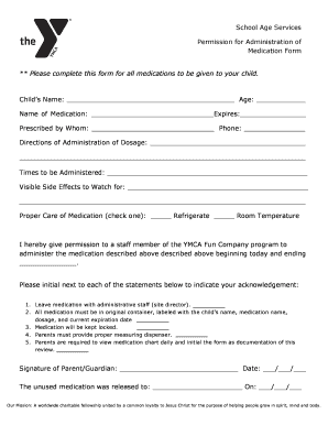 Fillable Online ymcafunco Permission to Administer Medication Form ...