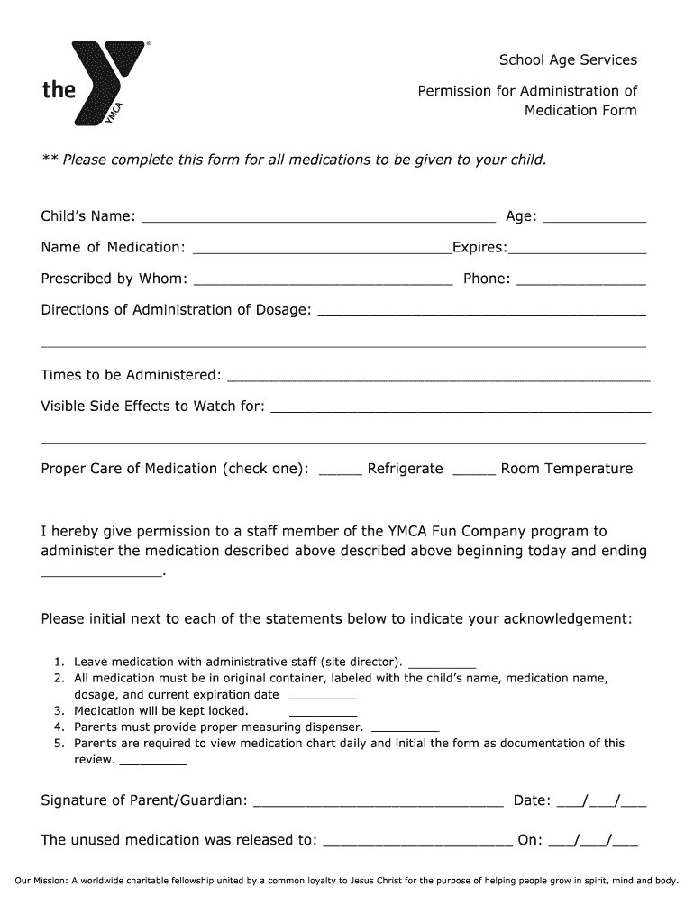 Fillable Online ymcafunco Permission to Administer Medication Form ...