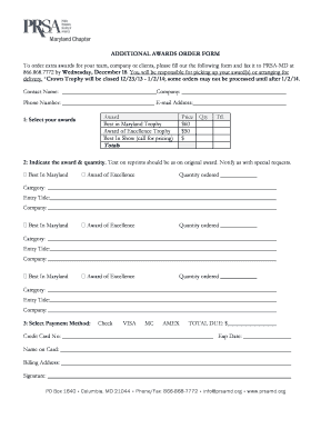 Fillable Online prsamd ADDITIONAL AWARDS ORDER FORM - PRSA Maryland ...