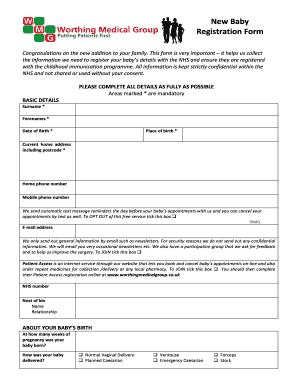 Fillable Online worthingmedicalgroup co New baby Registration Form ...