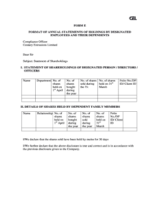 Fillable Online FORM E FORMAT OF ANNUAL STATEMENTS OF HOLDINGS BY Fax ...
