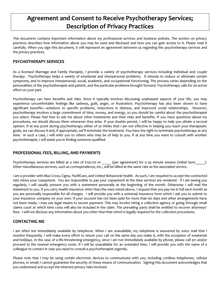 Fillable Online Agreement and Consent to Receive Psychotherapy Services ...