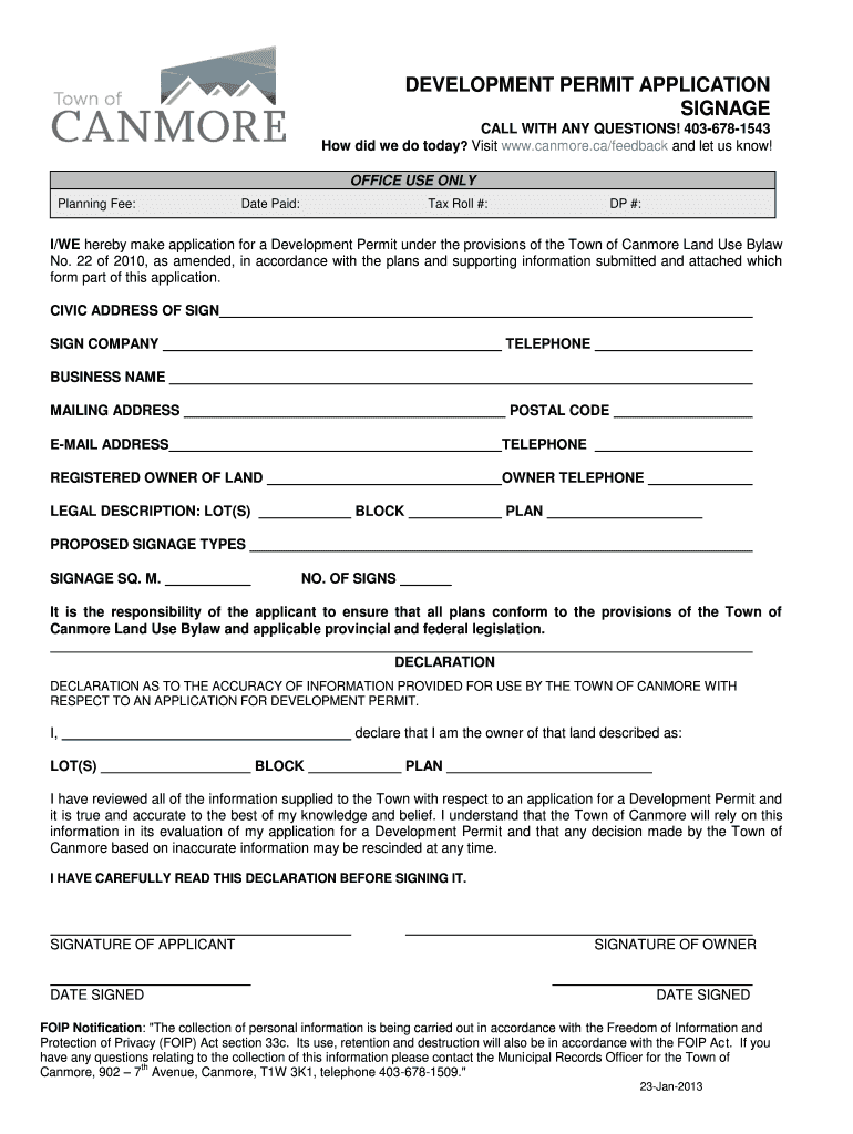 Fillable Online canmore DEVELOPMENT PERMIT APPLICATION SIGNAGE ...