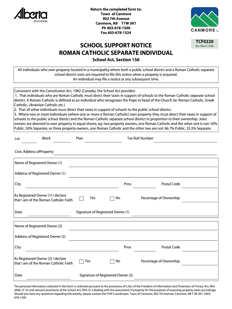 Fillable Online canmore TCF0220 SCHOOL SUPPORT NOTICE Rev March 1208 ...