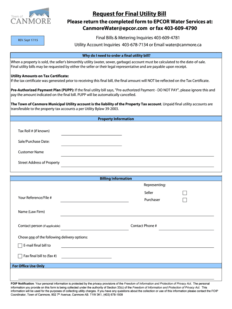 Fillable Online canmore Request for Final Utility Bill - Canmore Fax ...