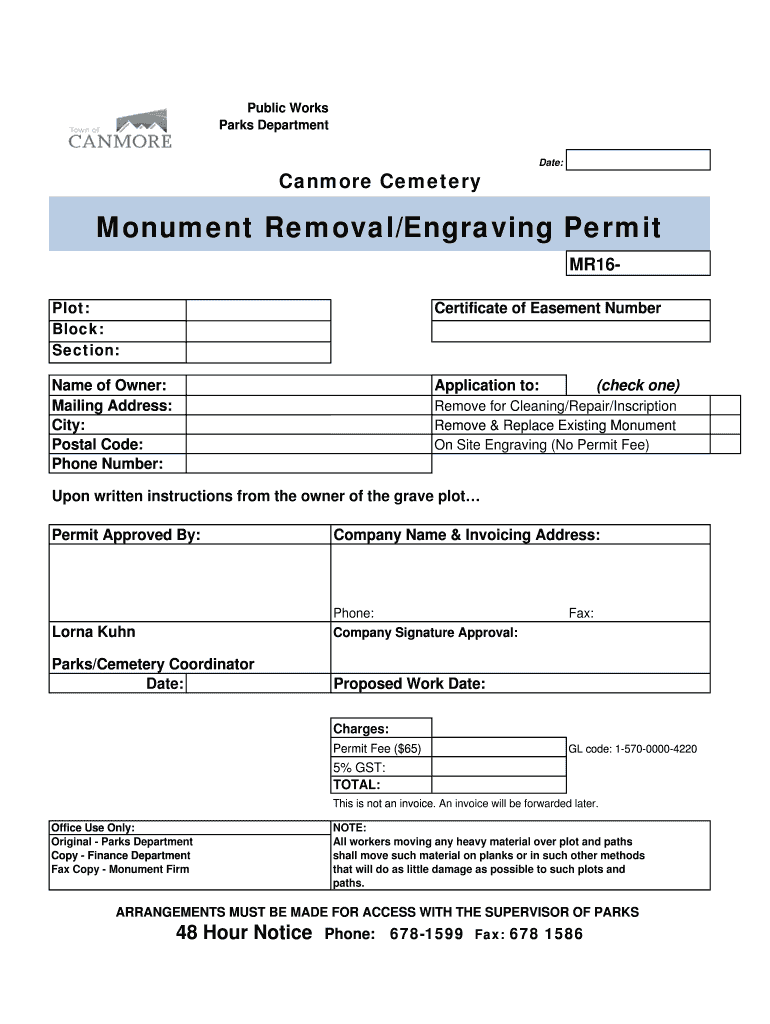 Fillable Online canmore Monument RemovalEngraving Permit - Canmore ...