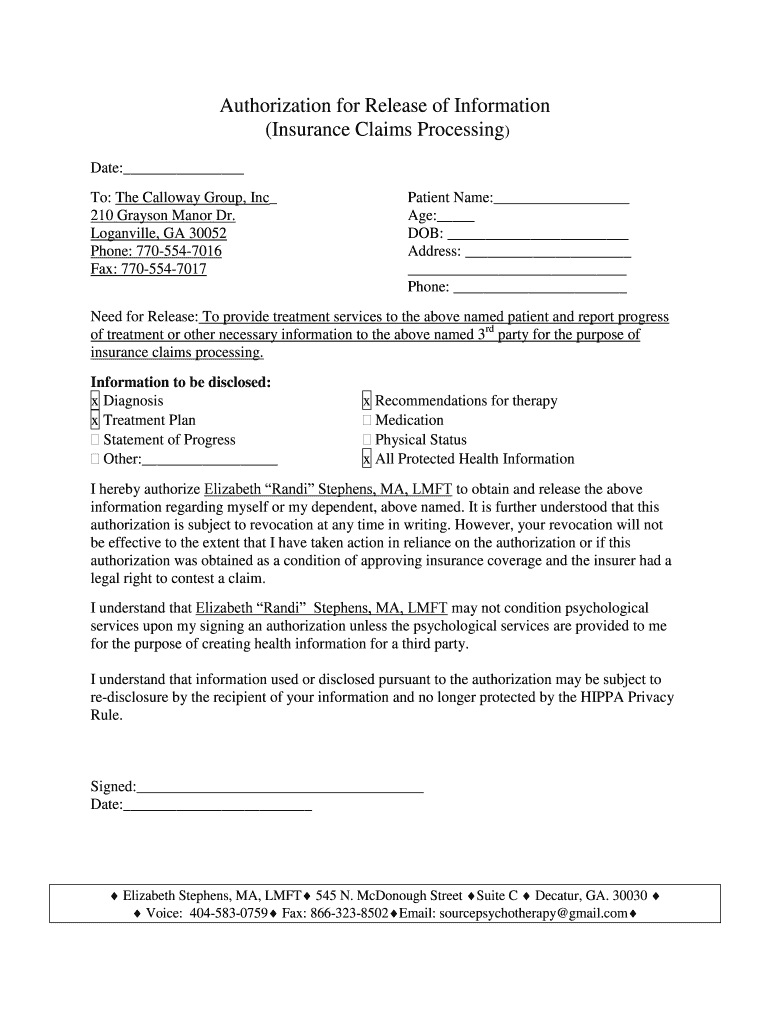Fillable Online Authorization for Release of Information (Insurance ...