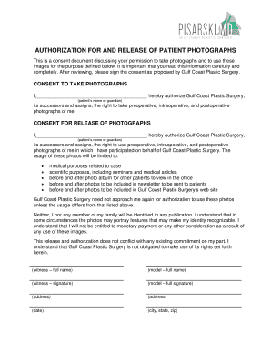 Fillable Online AUTHORIZATION FOR AND RELEASE OF PATIENT PHOTOGRAPHS ...
