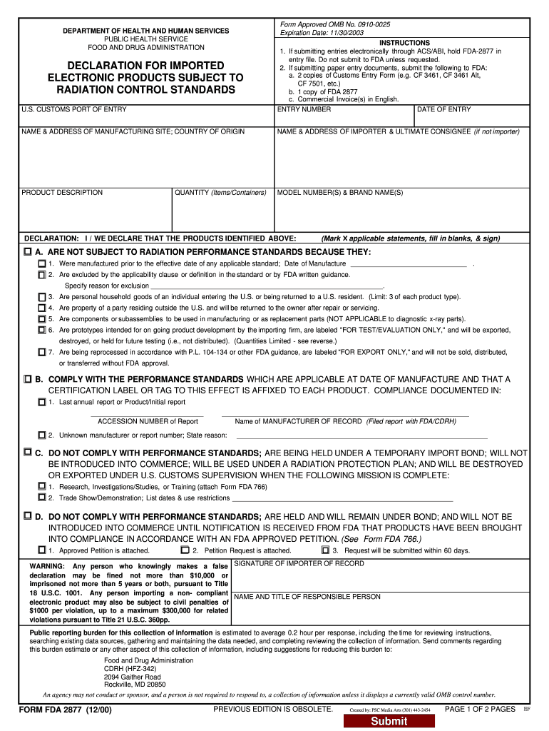 Fillable Online FDA form FDA2877.pdf Fax Email Print - pdfFiller