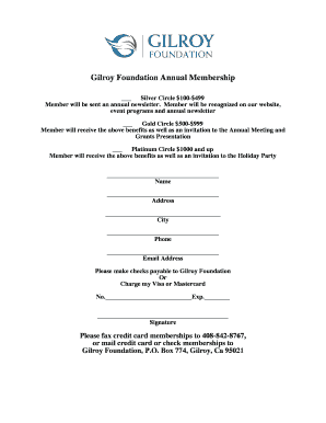 Fillable Online gilroyfoundation Membership Form - Gilroy Foundation - gilroyfoundation Fax ...