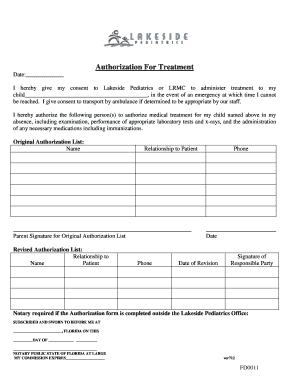 Fillable Online Authorization For Treatment - Lakeside Pediatrics Fax Email Print - pdfFiller