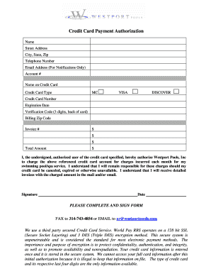 Fillable Online Credit Card Payment Authorization - Westport Pools Fax Email Print - pdfFiller