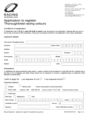 Fillable Online Application to register Thoroughbred racing colours Fax ...