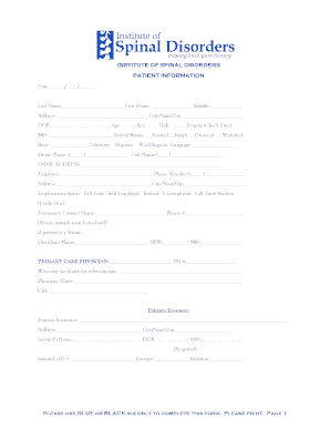 Fillable Online INSTITUTE OF SPINAL DISORDERS PATIENT INFORMATION Fax ...