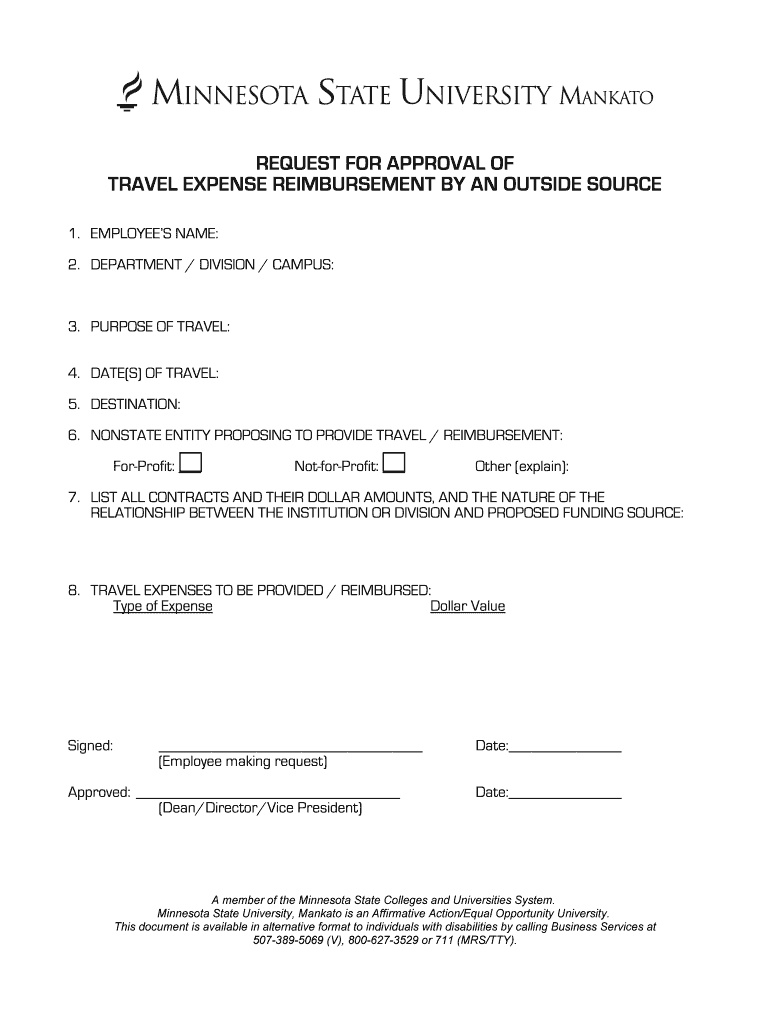 Fillable Online mnsu REQUEST FOR APPROVAL OF TRAVEL EXPENSE ...
