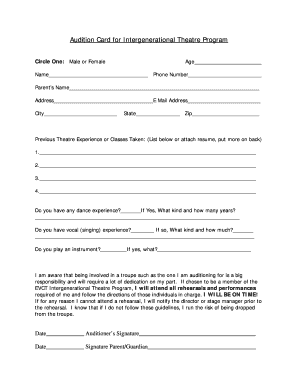 Fillable Online evct Audition Card for Intergenerational Theatre ...