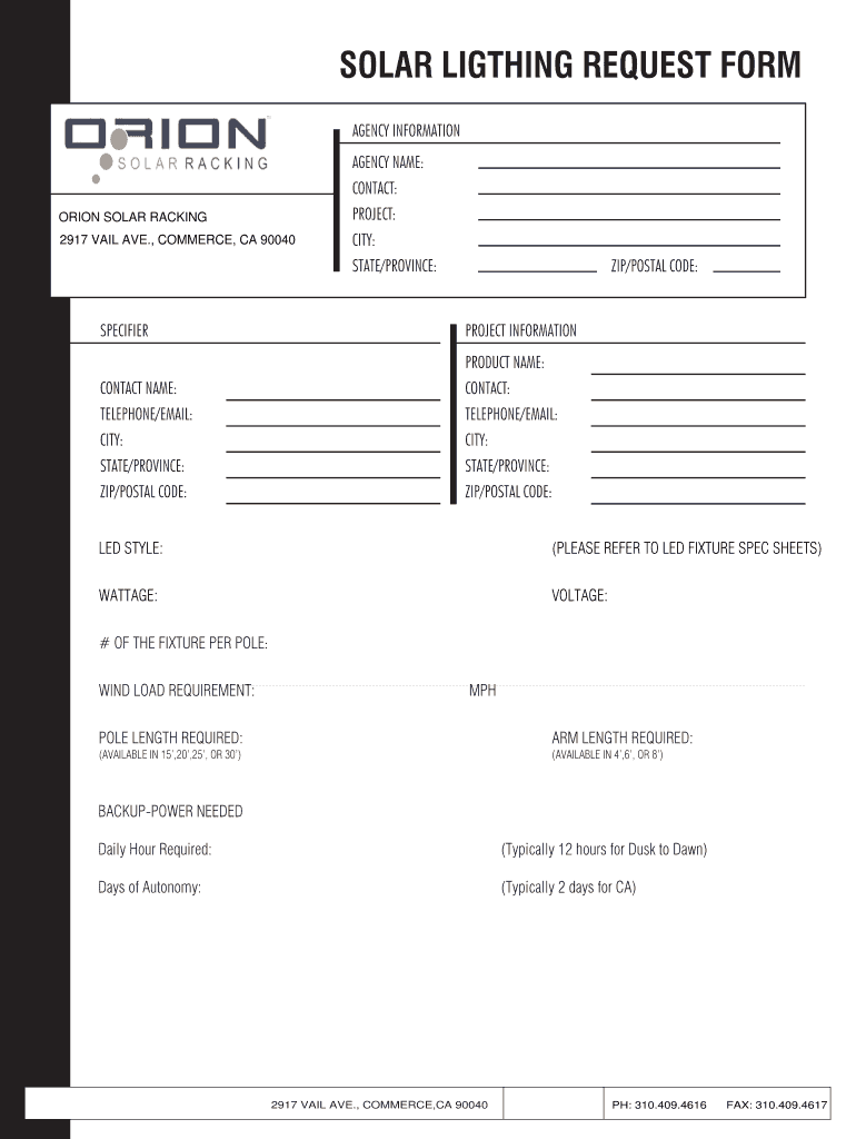 Fillable Online SOLAR LIGTHING REQUEST FORM - Photovoltaic Racking Fax ...