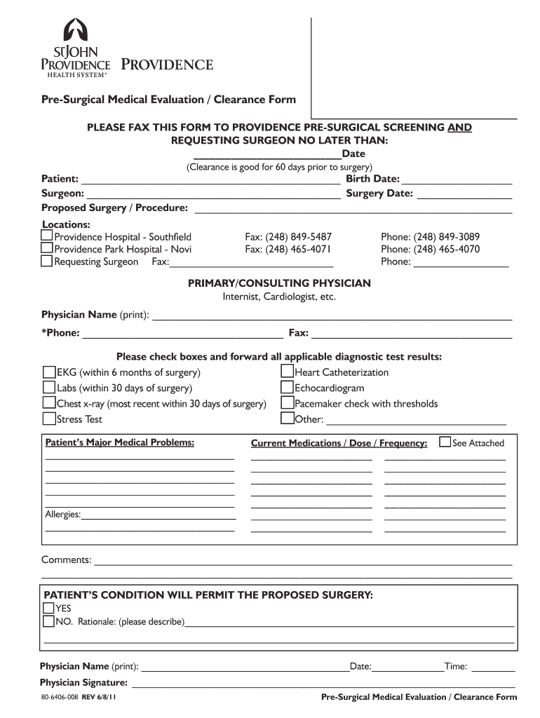 Fillable Online stjohnprovidence Pre-Surgical bMedical Evaluationb Clearance bFormb Fax Email ...