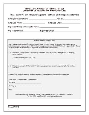 Fillable Online unr BMEDICALb CLEARANCE FOR RESPIRATOR USE UNIVERSITY ...