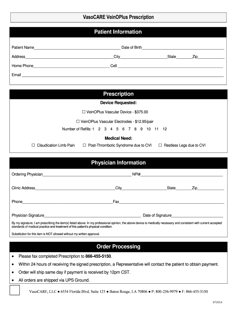 Fillable Online VasoCARE VeinOPlus Prescription Patient Information ...