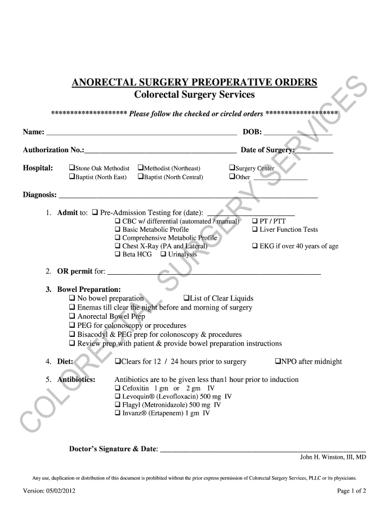Fillable Online ANORECTAL SURGERY PREOPERATIVE ORDERS Colorectal ...