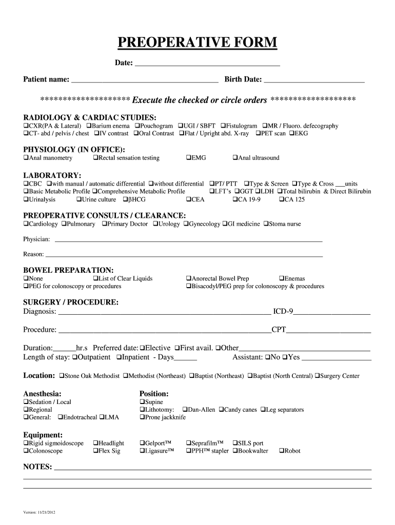 Fillable Online Preoperative Request Form - Colorectal Surgery Services Fax Email Print - pdfFiller
