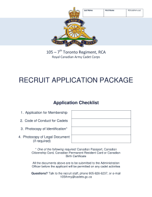 Fillable Online 105armycadets 105 RCACC Recruit Application Package ...