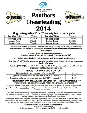 Fillable Online Panthers Cheerleading 2014 All girls in grades 1st 8th ...