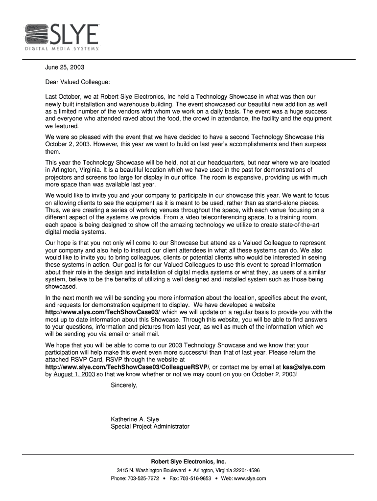 Fillable Online Intial Letter to Colleagues - Robert Slye Electronics ...