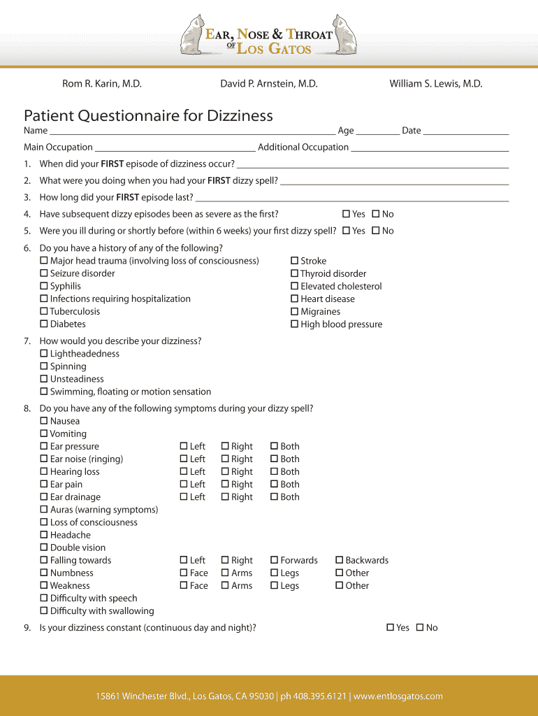 Fillable Online BPatient Questionnaireb for Dizziness - Ear Nose amp ...