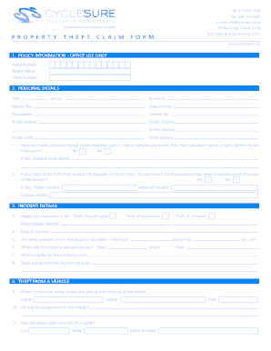 Fillable Online cyclesure co PROPERTY bTHEFTb CLAIM bFORMb - Cyclesure ...