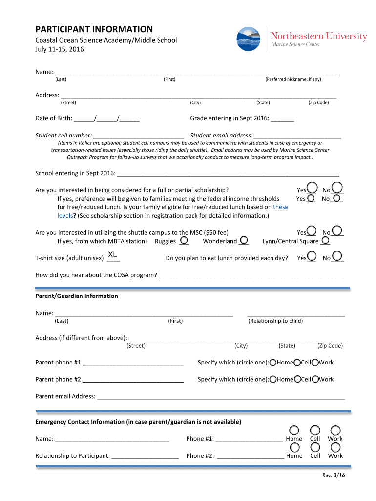 Fillable Online northeastern COSA 2016 Middle School complete ...