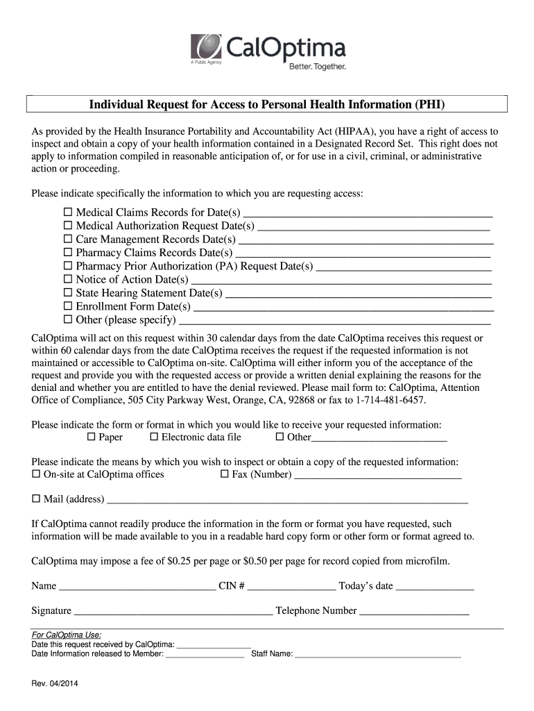 Fillable Online caloptima Individual Request for Access to Personal ...