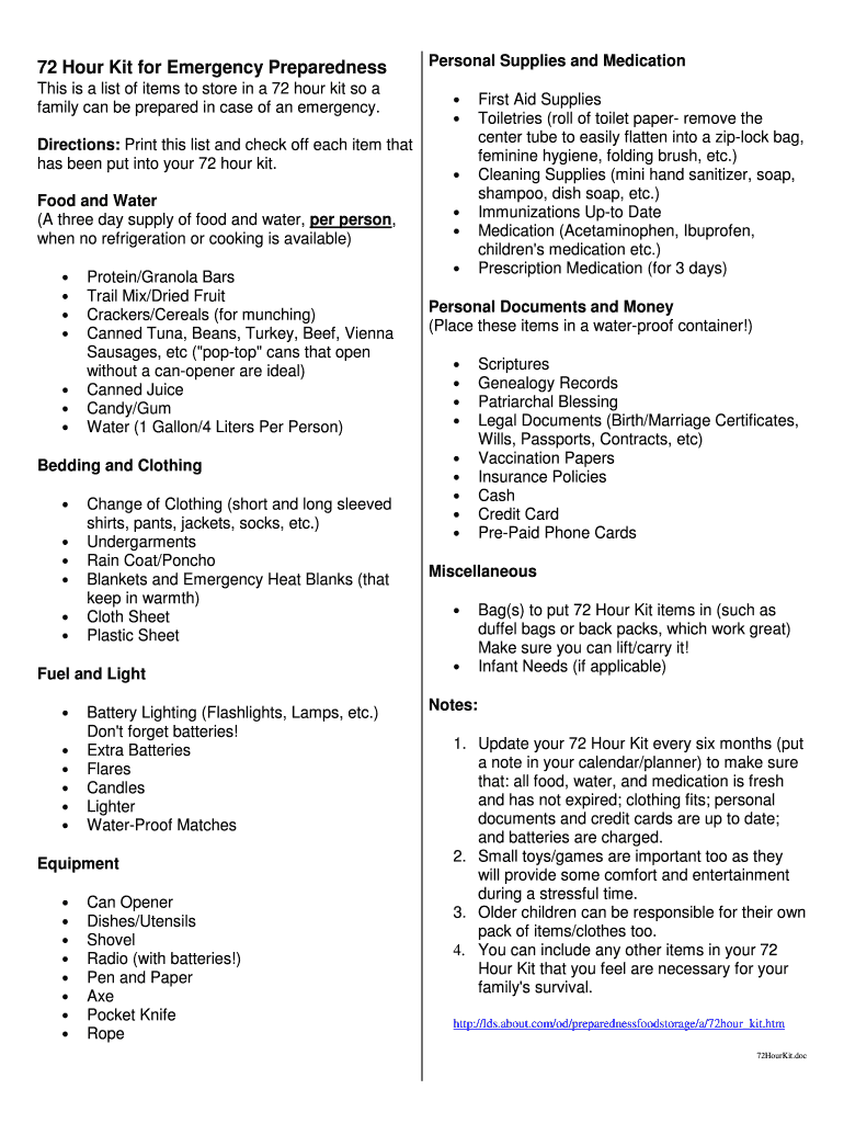 Fillable Online 72 Hour Kit for Emergency Preparedness Personal ...