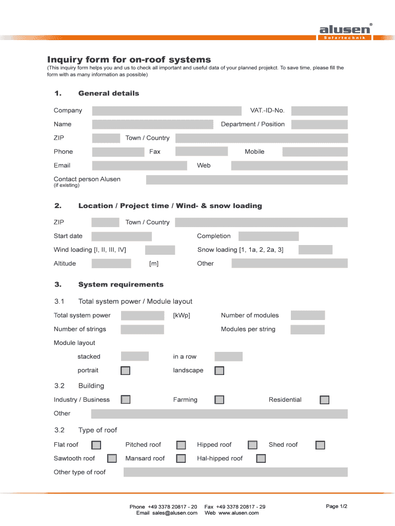 Fillable Online alusen-solartechnik Inquiry form for on-roof systems ...