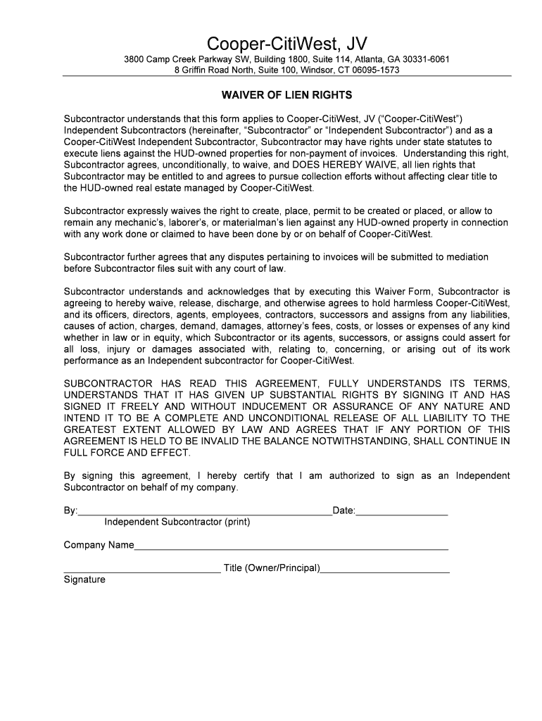 Fillable Online WAIVER OF LIEN RIGHTS - bTenManagementb Fax Email Print ...