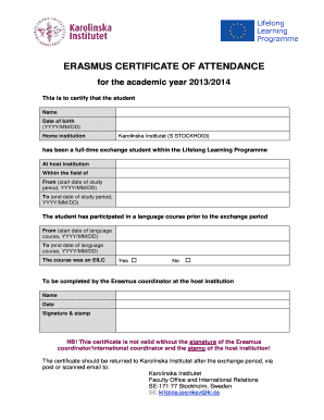 Fillable Online Erasmus bcertificateb of attendance - Karolinska ...