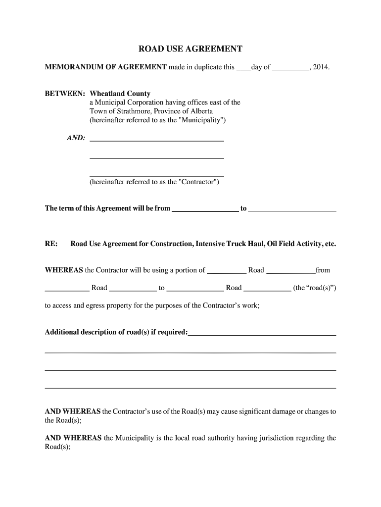 Fillable Online wheatlandcounty ROAD USE AGREEMENT - Wheatland County ...