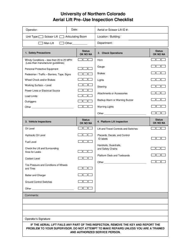 Fillable Online unco Aerial Lift Pre-Use bInspection Checklistb ...