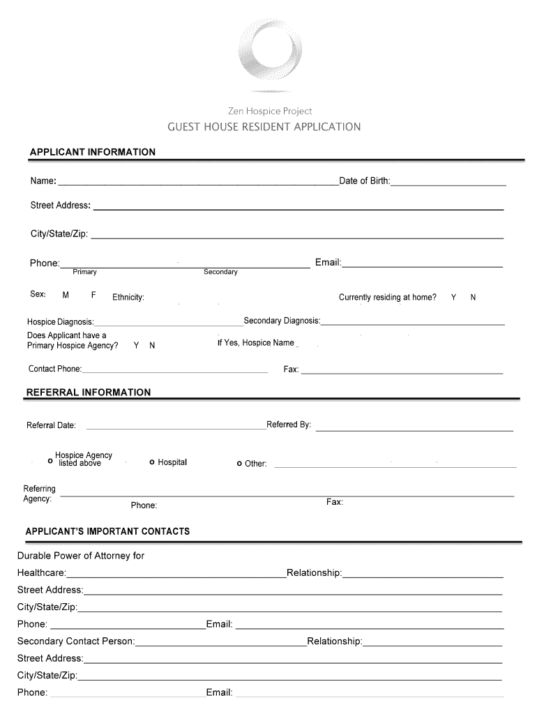 Fillable Online GUEST HOUSE RESIDENT APPLICATION - Zen Hospice Fax ...