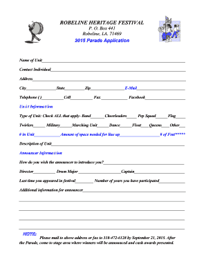 Fillable Online robelineheritage Parade Participant Application - Robeline Heritage Festival ...