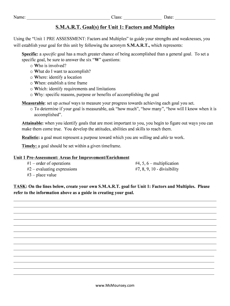 Fillable Online SMART Goals for Unit 1 Factors and Multiples Fax Email Print - pdfFiller